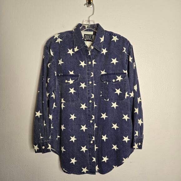 Quizz New York | Tops | Vintage Star Print Denim Long Sleeve Button Up ...